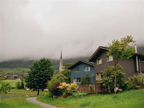 집 밖의 경치 경치가 좋은 고요한 고요함 골짜기 공원 관광 구름 굴곡 도로 그림 같은 나무 노르웨이 녹색 높은 높은 산 눈 눈 덮인 산