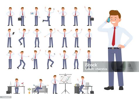 사무실 남자의 만화 캐릭터 다른 포즈 감정 디자인 세트 행복 한 슬픈 놀란 비즈니스 옷 서 있는 젊은 남성 흰색 배경에 앉아벡터 가리키기에 대한 스톡 벡터 아트 및 기타