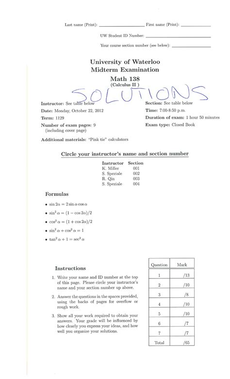 Midterm Exam 2012 Questions And Answers Last Name Print First Name Print UW Babe ID