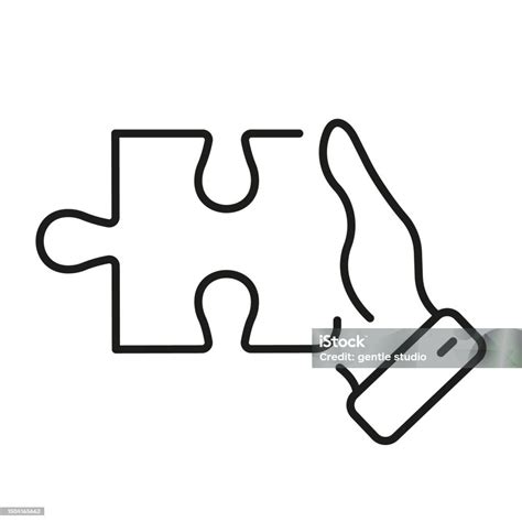 인간의 손 라인 아이콘에 있는 퍼즐 조각 성공적인 팀워크 협력 공생 선형 픽토그램 퍼즐 매치 문제 해결 개요 기호 편집 가능한