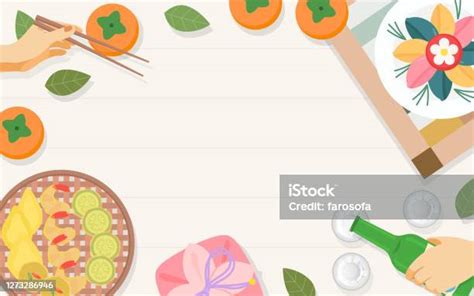 ภาพประกอบเวกเตอร์พื้นหลังอาหาร Chuseok อาหารเกาหลีแบบดั้งเดิมสําหรับวัน