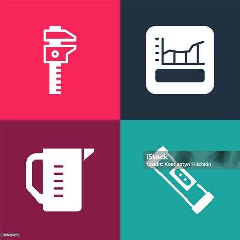 팝 아트 건설 거품 수준 측정 컵 그래프 일정 차트 다이어그램 및 캘리퍼스 또는 캘리퍼스 및 스케일 아이콘을 설정합니다 벡터