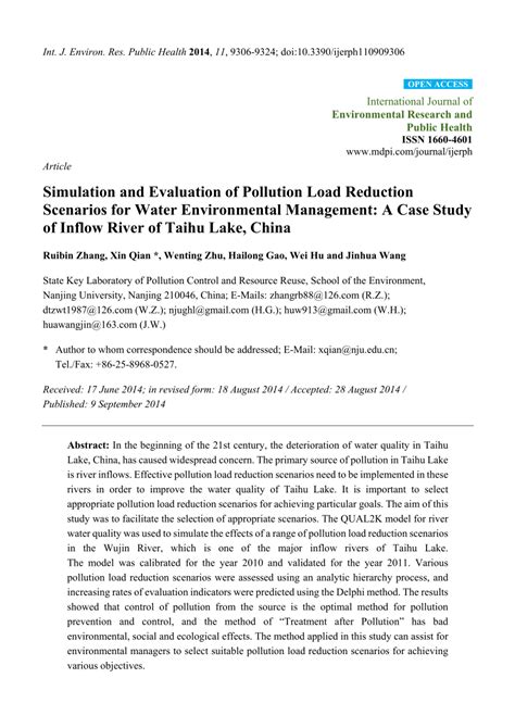 Pdf Simulation And Evaluation Of Pollution Load Reduction Scenarios For Water Environmental