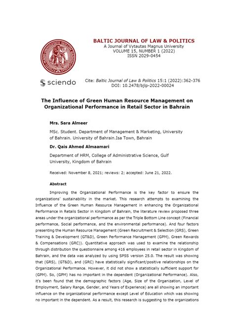 Pdf View Of The Influence Of Green Human Resource Management On