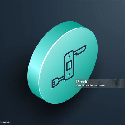 검은 색 배경에 고립 된 등색 라인 스위스 군용 칼 아이콘 다목적 펜나이프 다기능 도구 청록색 원 버튼 벡터 가위에 대한 스톡 벡터 아트 및 기타 이미지 Istock