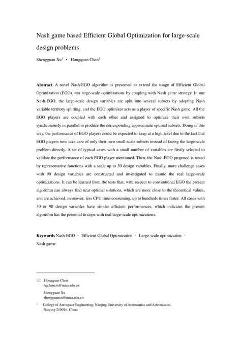 Pdf Nash Game Based Efficient Global Optimization For Large Scale Design Problems