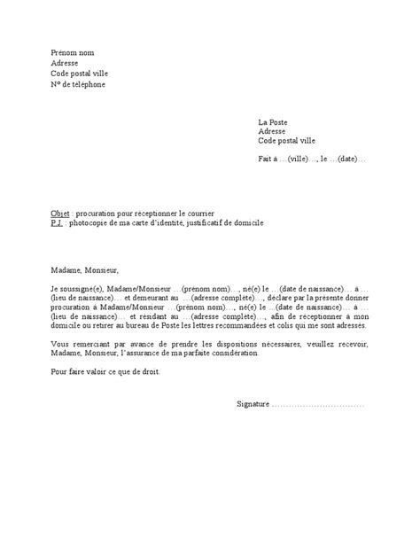 Modele De Lettre De Procuration Pour Retirer Du Courrier A La Poste Pdf