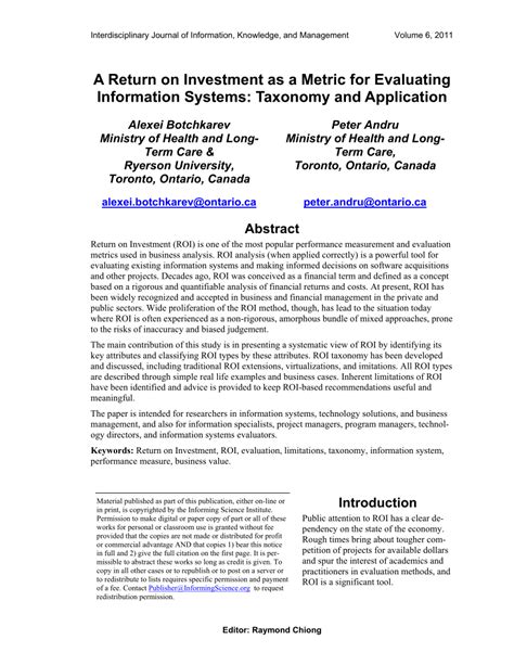 Pdf A Return On Investment As A Metric For Evaluating Information Systems Taxonomy And