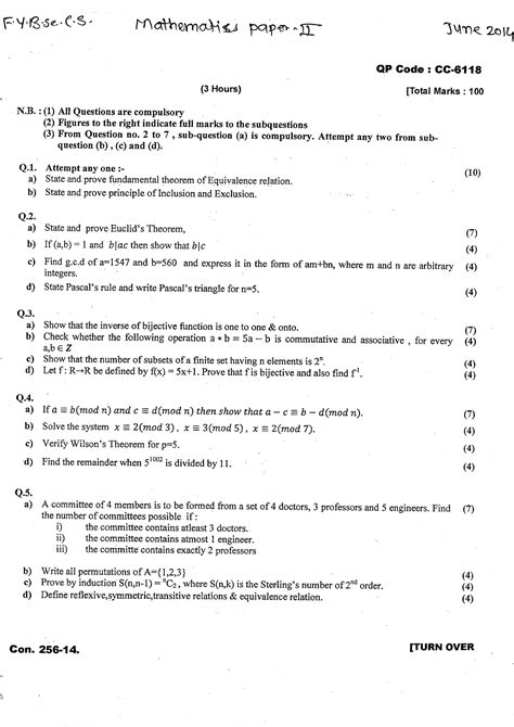 University Of Mumbai F Y B Sc C S Mathematics Paper Ii Old Question Papers June 2014