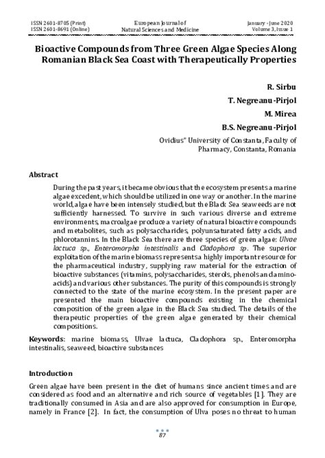 Pdf Bioactive Compounds From Three Green Algae Species Along Romanian Black Sea Coast With