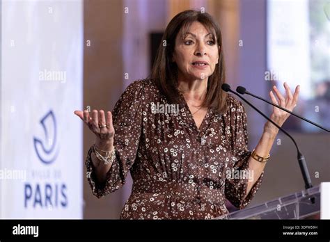 Paris Mayor Anne Hidalgo Gestures As She Delivers A Speech For The