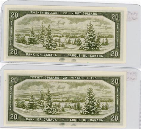 Two 20 Dollar Bills Canada 1954 Sequencial Serial Numbers