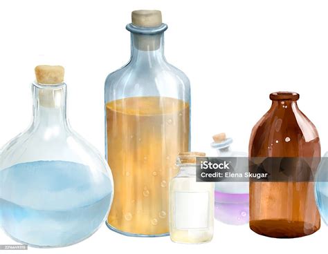 다양한 액체와 마개가 들어있는 유리병 이음새가 없는 수평 연석 수채화 삽화 흰색 배경에 유리 용기 세트입니다 아로마 테라피 마법 및 화학의 주제 고딕 양식에 대한 스톡 벡터