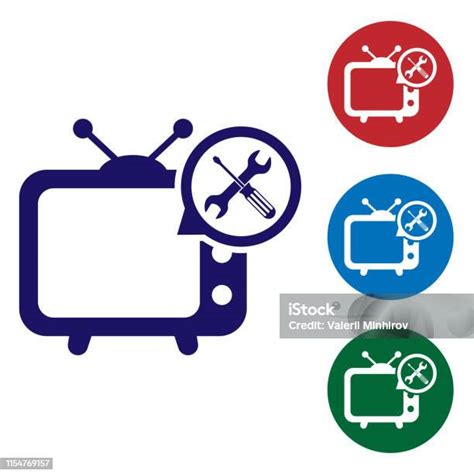 드라이버와 렌치 아이콘 흰색 배경에 고립 된 블루 Tv 조정 서비스 설정 유지 보수 수리 및 수정 원 버튼의 색상 아이콘을 설정 합니다 벡터 일러스트 골동품에 대한 스톡