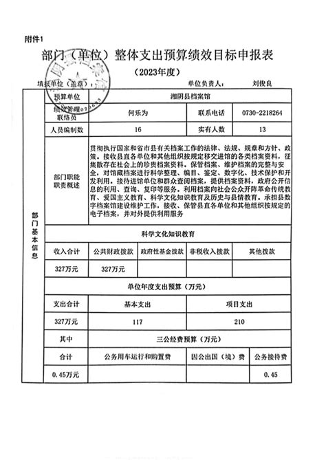 2023年度 湘阴县档案馆 整体和项目支出预算绩效目标申报表 pdf 湘阴县政府网