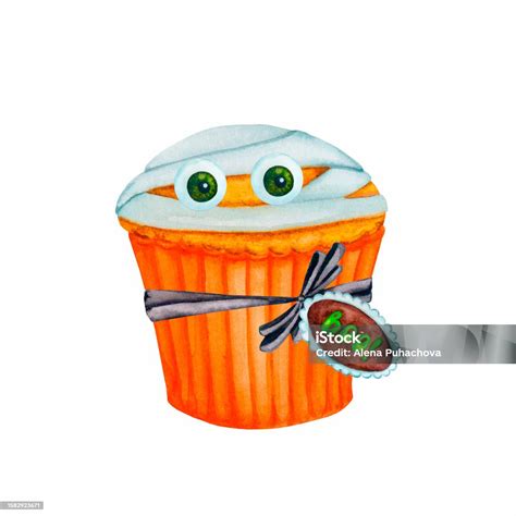 컵케이크 할로윈 프로스팅을 곁들인 머핀 카드 초대장 포스터 스티커 패브릭 인쇄물 디자인을 위한 수채화 요소 10월에 대한 스톡