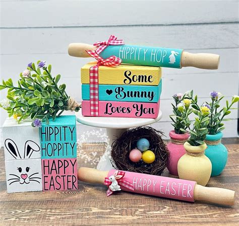 Easter Tiered Tray Decor Book Stack Pastel Easter Bunny Decorations