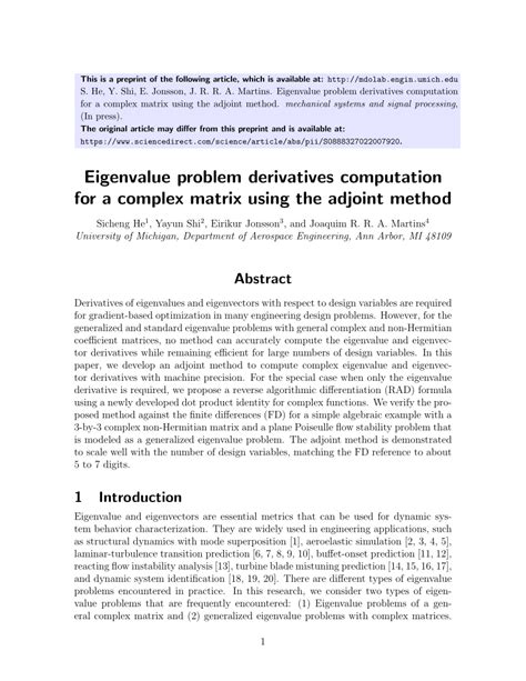 Pdf Eigenvalue Problem Derivatives Computation For A Complex Matrix