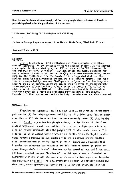 Pdf Blue Dextran Sepharose Chromatography Of The Tryptophanyl Trna Synthetase Of Li A