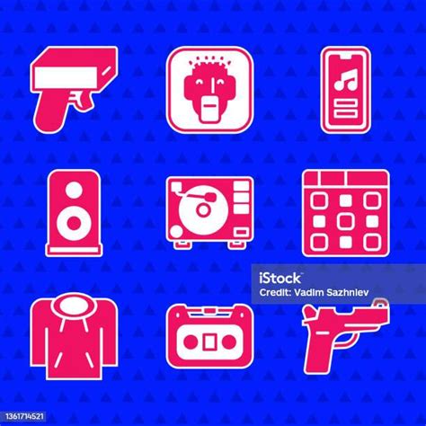 비닐 디스크 복고풍 오디오 카세트 테이프 권총 또는 총 드럼 머신 음악 후디 스테레오 스피커 음악과 돈 아이콘비닐 플레이어를 설정합니다 벡터 Mp3 플레이어에 대한 스톡