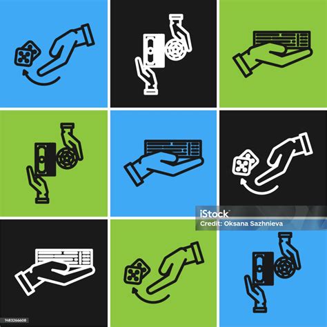 세트 라인 인간의 손 던지기 게임 주사위 카드 놀이 덱을 들고 있는 손 카지노 칩은 달러 아이콘 더미에서 교환합니다 벡터 가능성에 대한 스톡 벡터 아트 및 기타 이미지