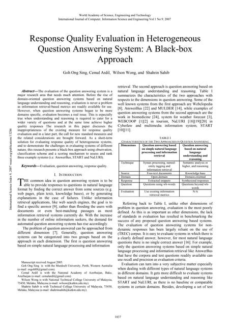 Response Quality Evaluation In Heterogeneous Question Answering System A Black Box Approach Pdf