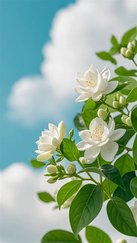 一枝条上长了很多茉莉花，成熟程度有颜色上的差异，上面有细小的露水，高清，hd背景虚化，淡蓝色背景有白色虚化的云，1 花瓣网