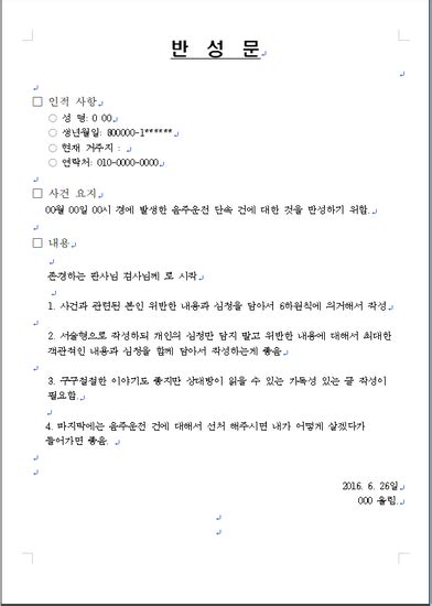음주운전 반성문 예시 양식 다운로드 초범 재범 작성법 자필 써야할까 Hwp Pdf 위키파솔라