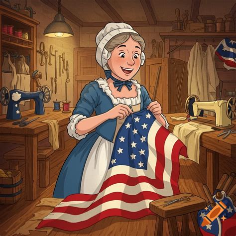 Cartoon Illustration Of A Woman In Colonial Clothing Sewing An American
