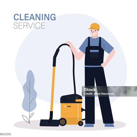 진공 청소기로 청소 서비스 남자 남성 청소부 만화 캐릭터 제복을 입은 젊고 쾌활한 노동자가 진공 청소기로 청소하고 있습니다 진공 청소기로 바닥을 오르는 남자 가사 집안일에