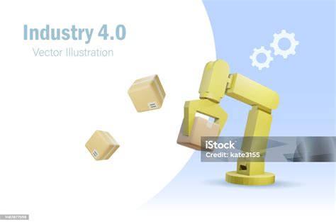 판지 상자를 들고 있는 생산 라인의 로봇 팔 제조 공장의 인공 지능 및 기계 인더스트리 40 스마트 창고 3d 벡터 산업용 로봇팔에 대한 스톡 벡터 아트 및 기타 이미지