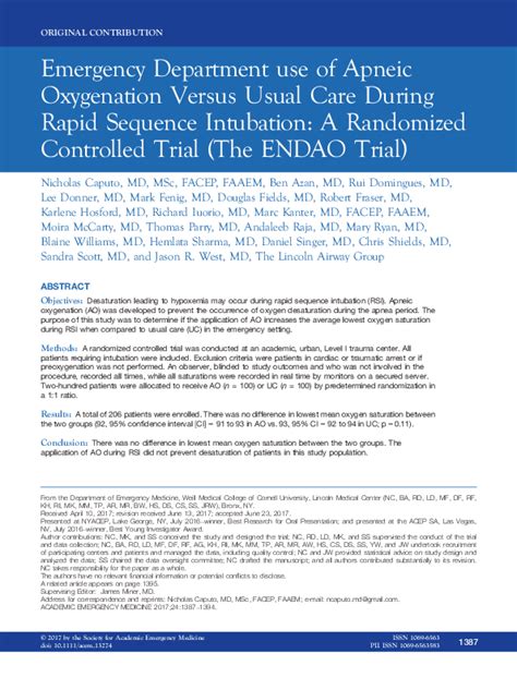Pdf Emergency Department Use Of Apneic Oxygenation Versus Usual Care During Rapid Sequence