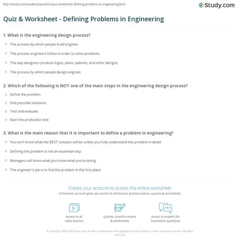 Quiz And Worksheet Defining Problems In Engineering