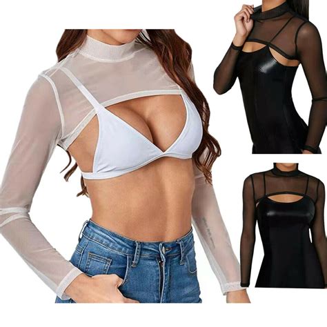 De Damen Sexy Durchsichtige Blusen T Shirt Langarm Ärmel Mesh Crop Tops Cover Up Ebay
