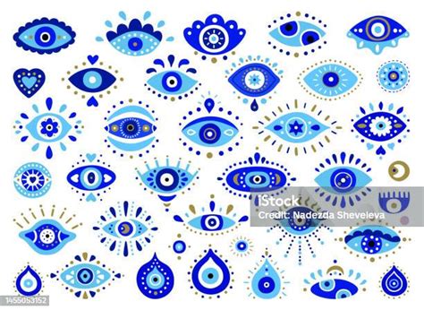 터키의 사악한 눈 상징입니다 에스닉 스타일의 블루 그리스 보호는 황금색 디테일이 있는 부패 표지판으로부터 보호합니다 그리스 문화에 대한 스톡 벡터 아트 및 기타 이미지