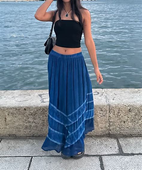 Blue Maxi Skirt Black Tube Top Long Skirt Outfits For Summer Blue Maxi Skirt Outfit Flowy