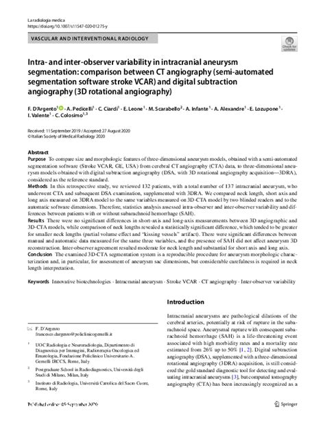 Pdf Intra And Inter Observer Variability In Intracranial Aneurysm
