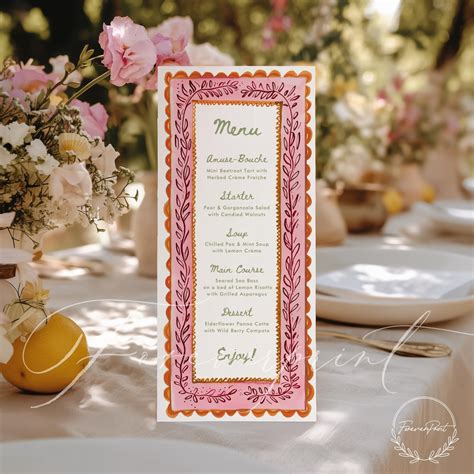 Pink Floral Menu Template Hand Drawn Printable Dinner Menu Editable