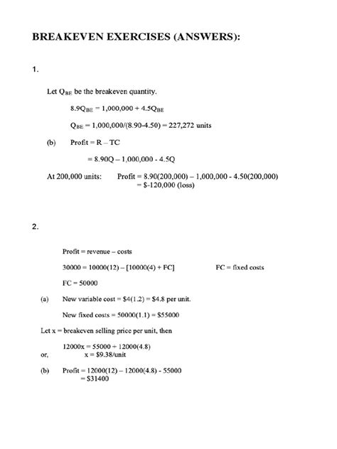 Breakeven Exercises Answers Pdf Business Private Sector