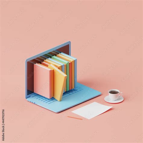 Laptop Like A Bookshelf Books Standing On Open Portable Computer Studying Education And E