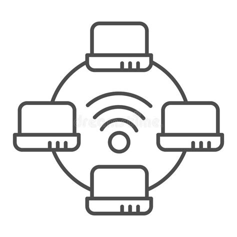 Computer Network Thin Line Icon Laptop Networking Vector Illustration Isolated On White Stock