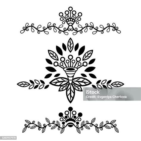 추상적인 꽃 장식 분리제 프레임 테두리 패턴 곱슬 머리 소용돌이 꽃 잎 장식 요소 문신 흰색 배경에 고립 된 흑백 드로잉을 설정합니다 벡터 일러스트레이션 0명에 대한 스톡