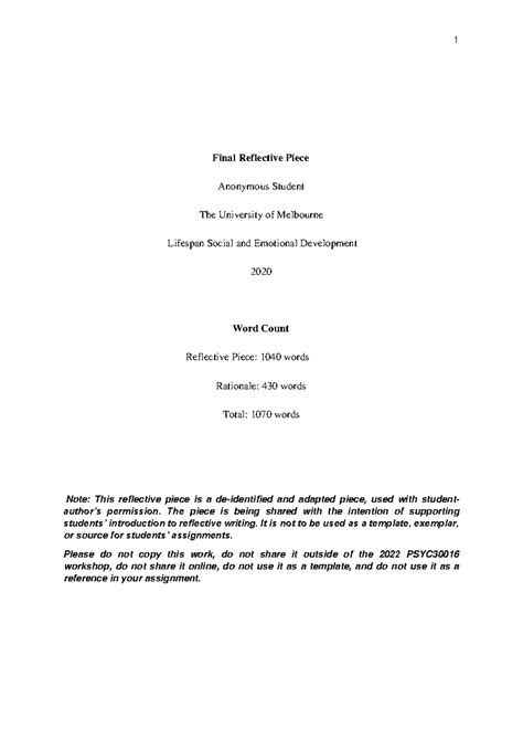 Workshop 1 Example Full Reflective Piece 2 Final Reflective Piece Anonymous Babe The