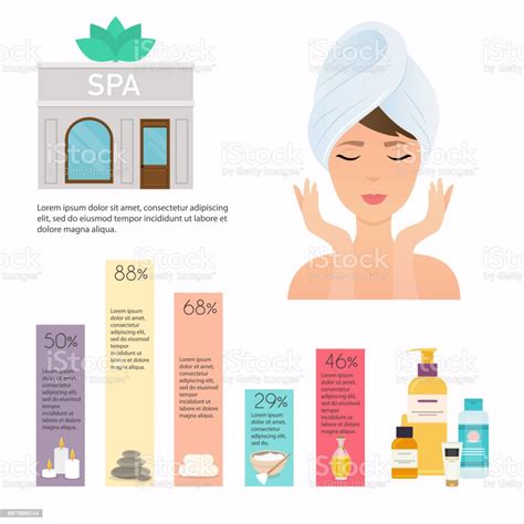 스파 및 웰빙 Infographic 설정합니다 천연 화장품과 건강 아이콘 평면 디자인 스타일 현대 벡터 일러스트 레이 션 개념입니다 건강관리와 의술에 대한 스톡 벡터 아트