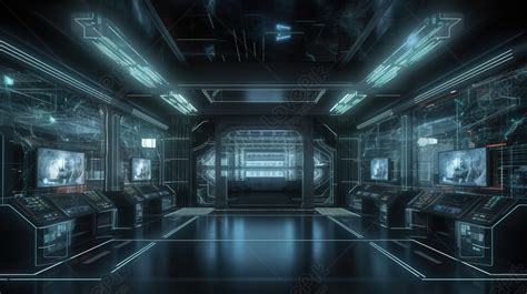눈에 띄는 파란색 Led 조명 최첨단 모니터 혁신적인 장치를 갖춘 초현대적인 객실을 경험해 보세요 미래 세계를 엿보세요 감시 장치 배경 현대적 배경 현대 조명