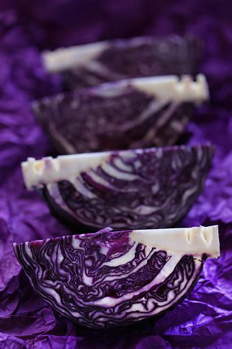 붉은 양배추 조각구겨진 보라색 배경에 클로즈업 신선한 바이오 농장 유기농 채소 붉은 양배추 요리 조리법건강 한 다이어트 야채 건강한 생활방식에 대한 스톡 사진 및 기타