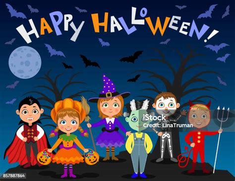 즐거운 할로윈 보내세요 할로윈 의상에서 아이 들 흡혈귀 드라큘라 악마 마녀 호박 좀비 해골 남자와 여자 밤 배경 벡터 문자입니다 할로윈에 대한 스톡 벡터 아트 및 기타