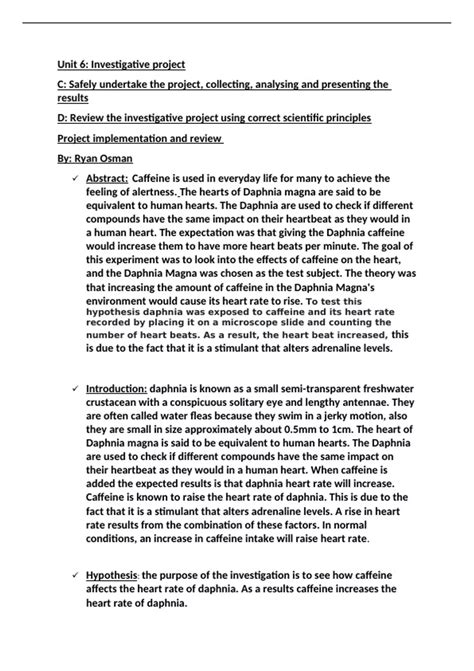 Btec Applied Science Biology Unit 6 Learning Aim C And D Unit 6 Investigative Project Stuvia Uk