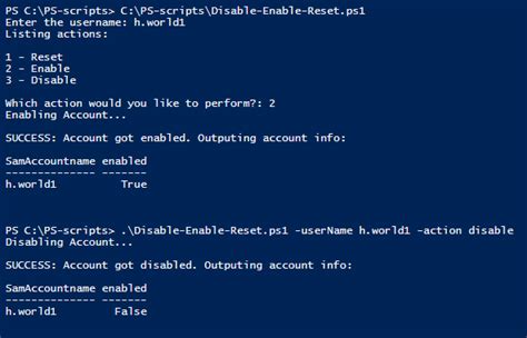 powershell enable disable reset ad