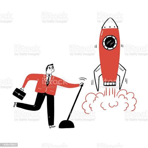 사업가가 하늘로 로켓을 발사하고 직원이 우주선의 시동을 수행합니다 사업 시작 개념 개념에 대한 스톡 벡터 아트 및 기타 이미지 개념 개발 경영자 Istock